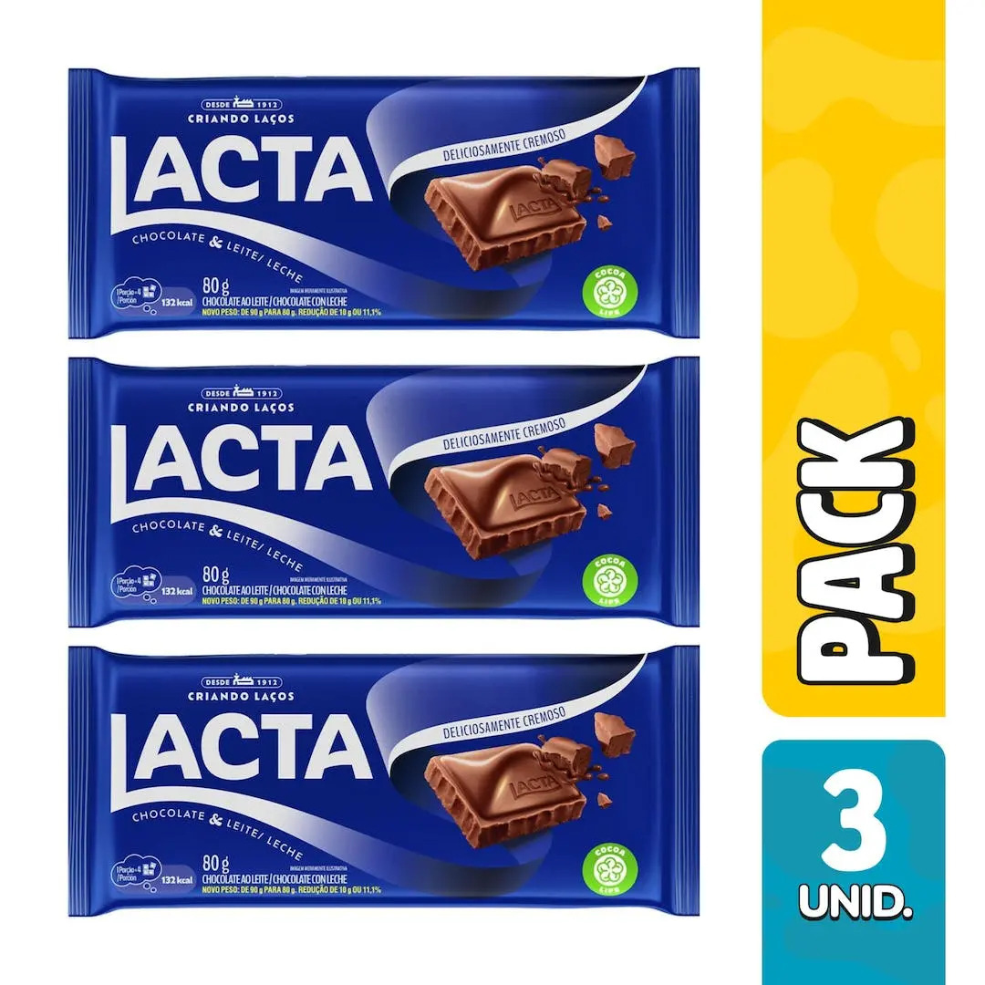 TABLETE 3PACK 3X80G AO LEITE LACTA - Caboclo Distribuidor